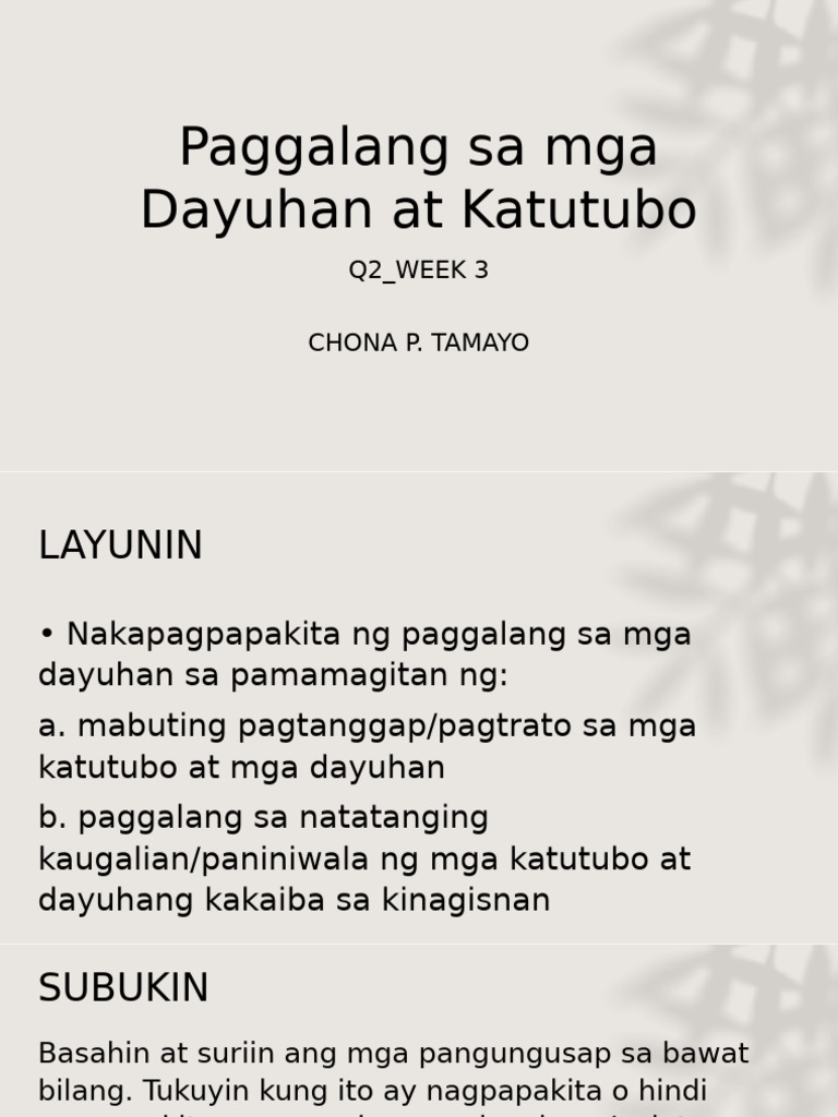 ESP 5 Paggalang Sa Mga Dayuhan at Katutubo | PDF