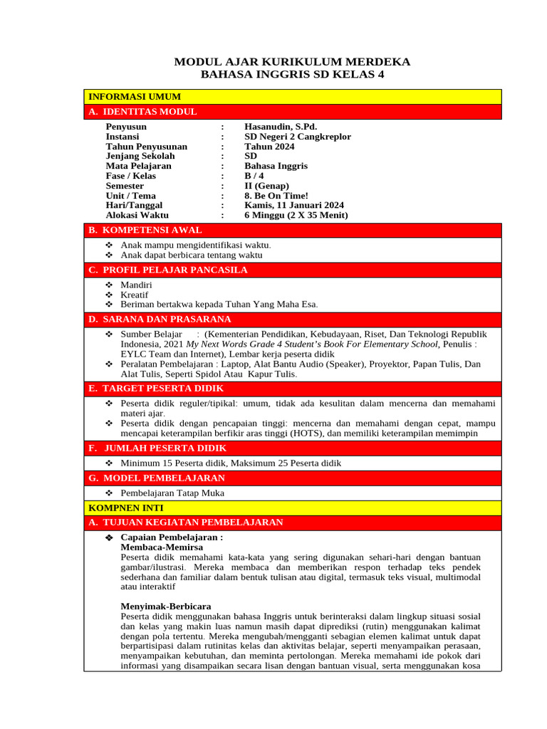 Modul Ajar B. Inggris Unit 8 KELAS 4 | PDF