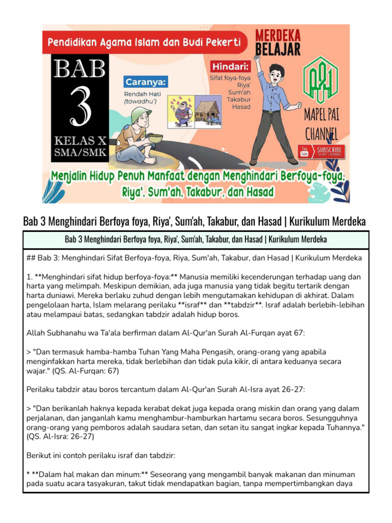 Bab 3 Menghindari Berfoya foya, Riya', Sum'ah, Takabur, dan Hasad _ Kurikulum Merdeka - by ...