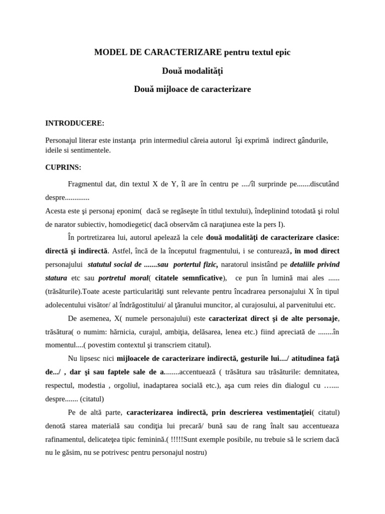 MODEL DE CARACTERIZARE pentru textul epic sau dramatic | PDF