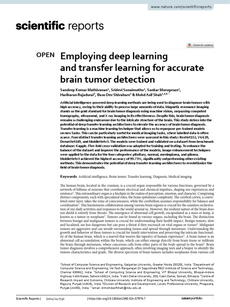 A Transfer Learning Based Brain Tumor Classification Using MRI Images | PDF
