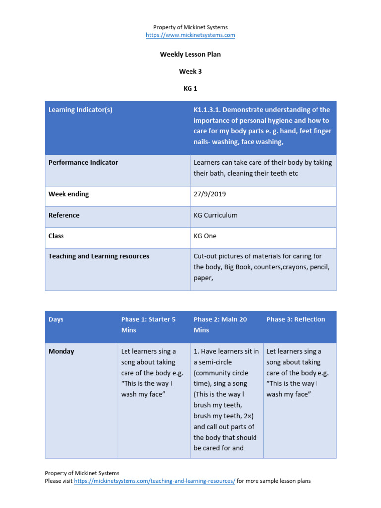 KG 1 Week 3 Lesson Plan -Final | PDF