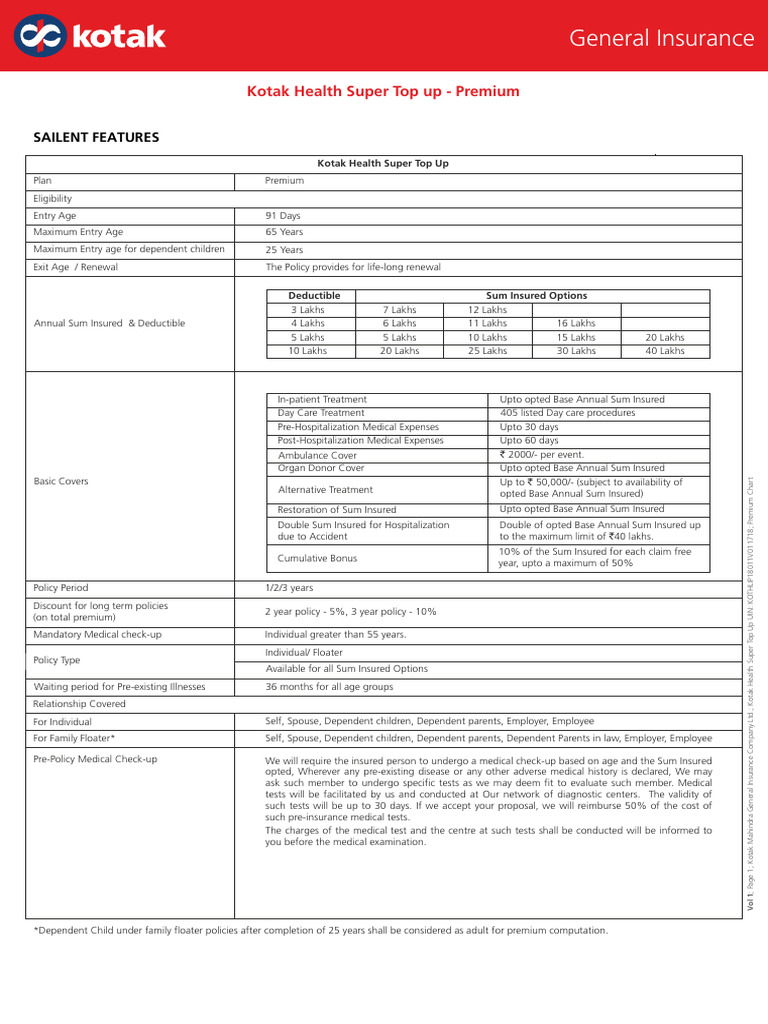 Kotak Health Super Top Up - Premium Chart - Premium 01122017 | PDF