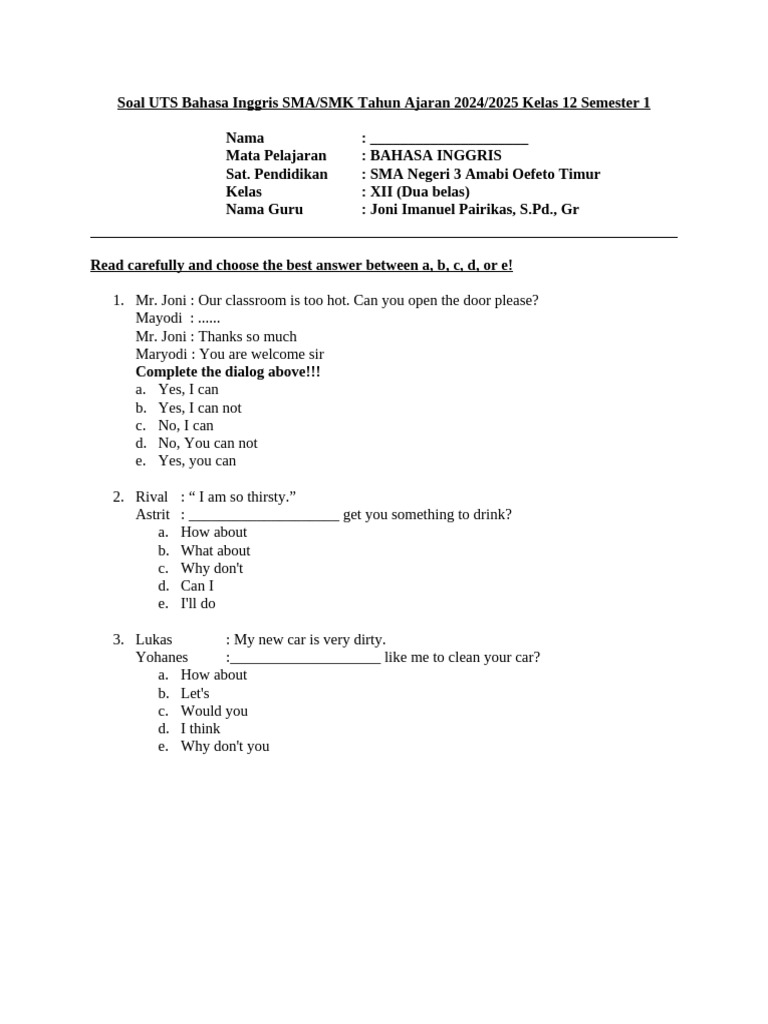 Soal UTS Bing Kelas XII | PDF