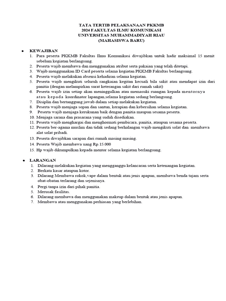 Tata Tertib Pelaksanaan PKKMB Fikom 2024 | PDF