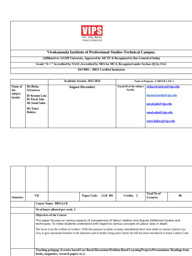 LABOUR LAW-1 Lesson Plan BA - LLB 2023 | PDF | Art