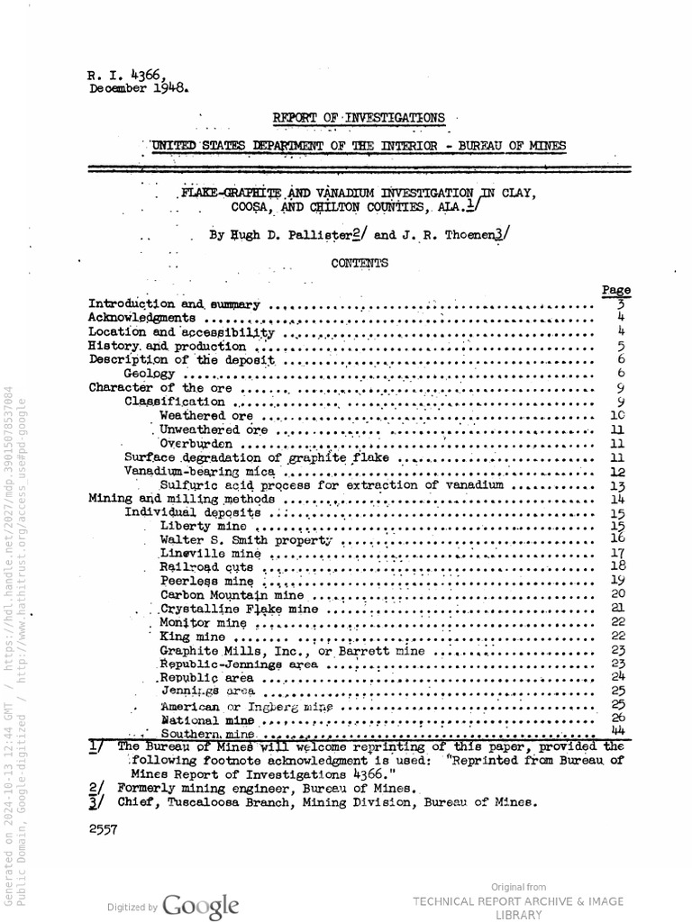 Flake-Graphite and Vanadium Investigation in Clay, Coosa, and Chilton ...