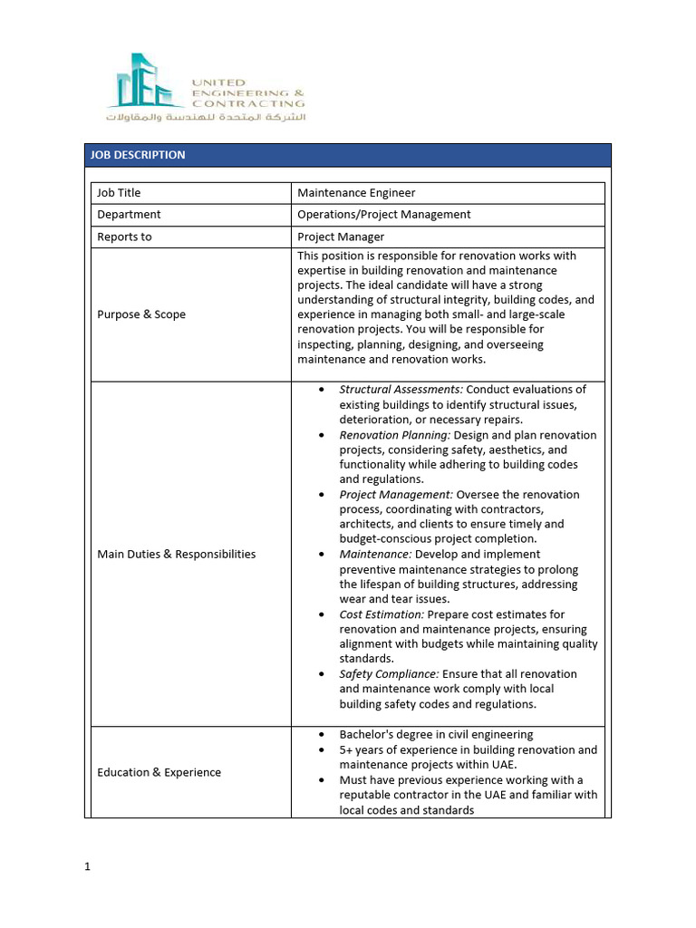 Maintenance Engineer Role | PDF | Project Management | Safety
