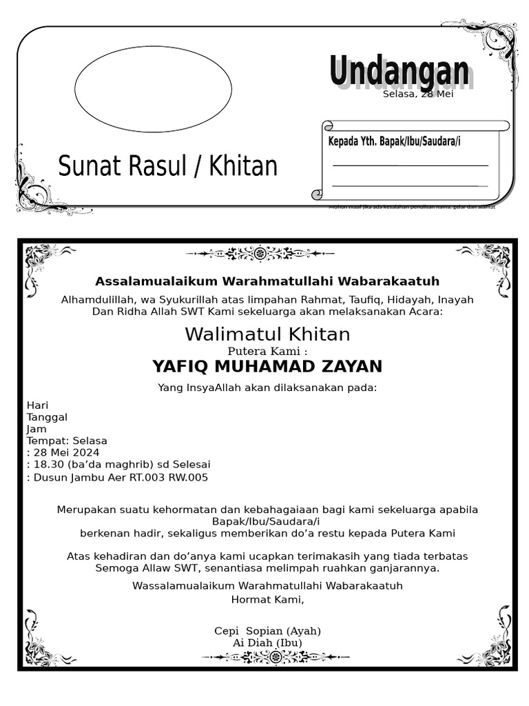 Contoh Undangan Sunat Rasul Atau Undanga | PDF