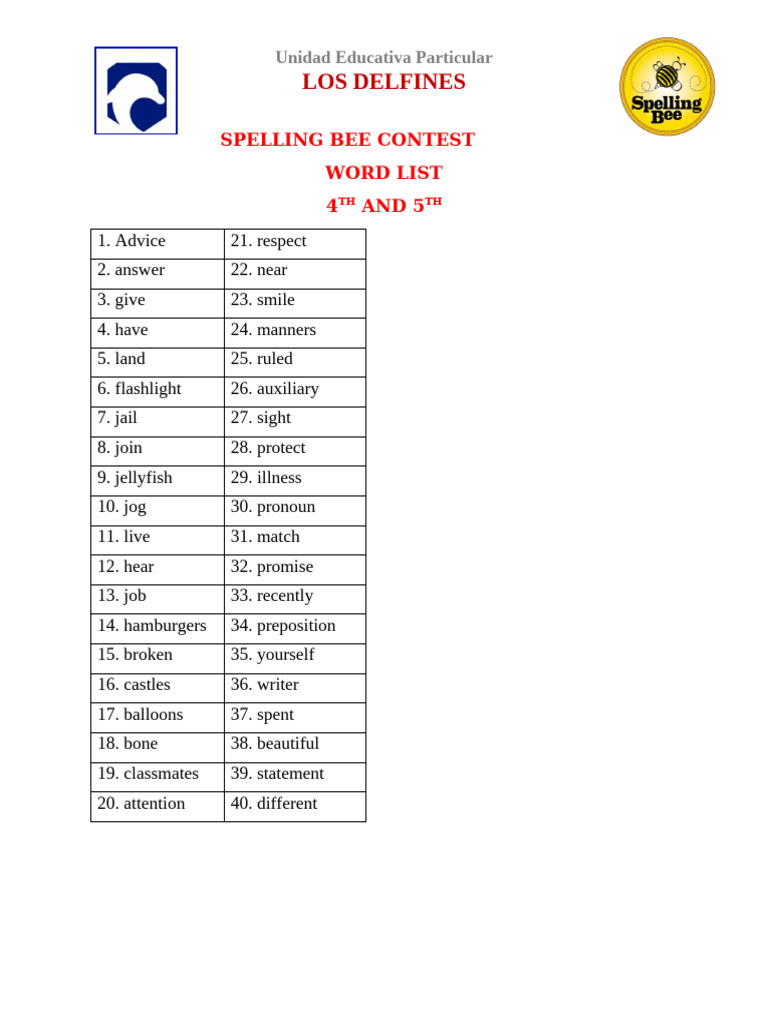 9X715NQVW3 Spelling Bee Contest - 4TH and 5TH | PDF