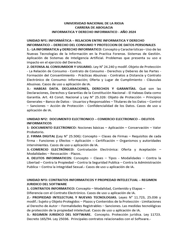 Programa Informatica y Derecho Informatico 2024 | PDF