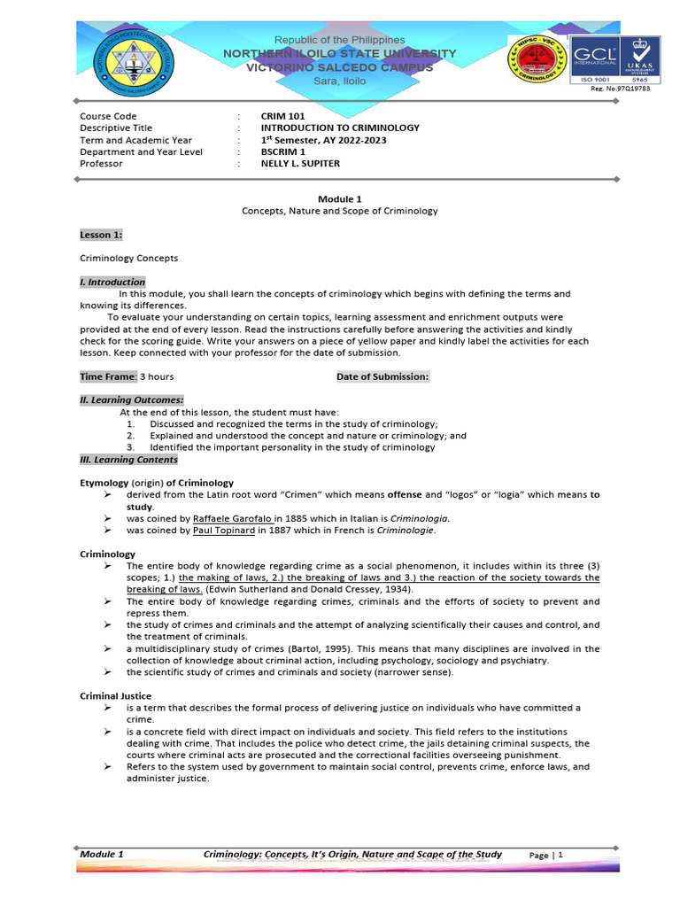 Nisu Module Crim 101. Module 1 Sent To Student | PDF