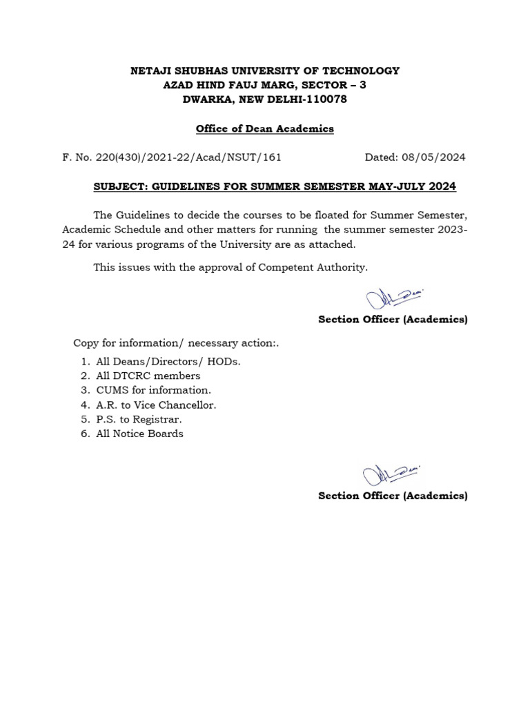 NSUT Summer Semester Guidelines 2024 | PDF | Academic Term | Master's ...