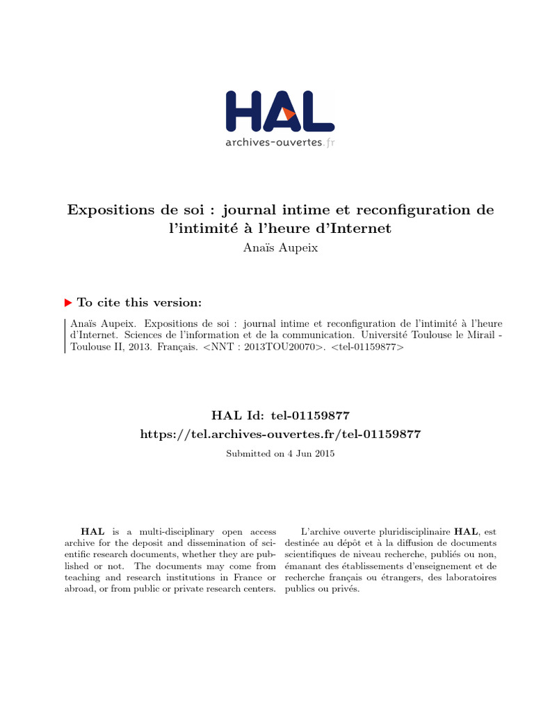 Expositions de Soi: Journal Intime Et Reconfiguration de L'intimit E' A ...