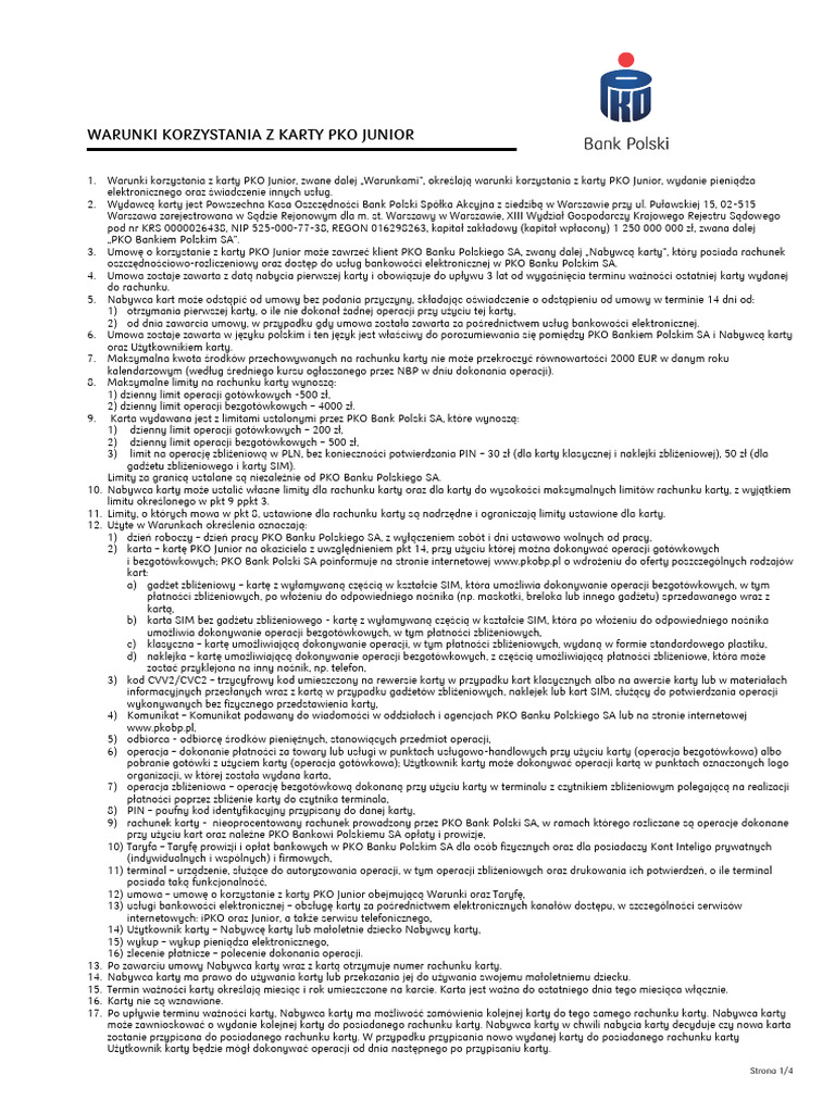 Warunki Korzystania Z Karty Pko Junior: Strona 1/4 | PDF