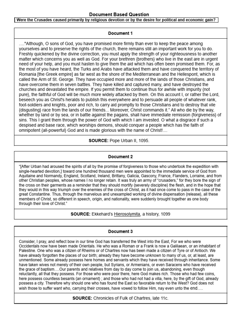 DBQ Were The Crusades Caused Primarily by Religious Devotion or by The ...