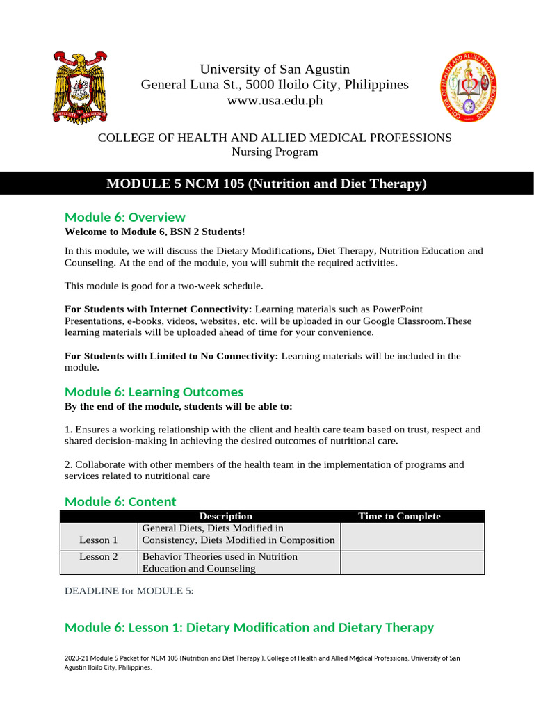 Module 6 Dietary Modifications Diet Therapy Nutrition Education and ...