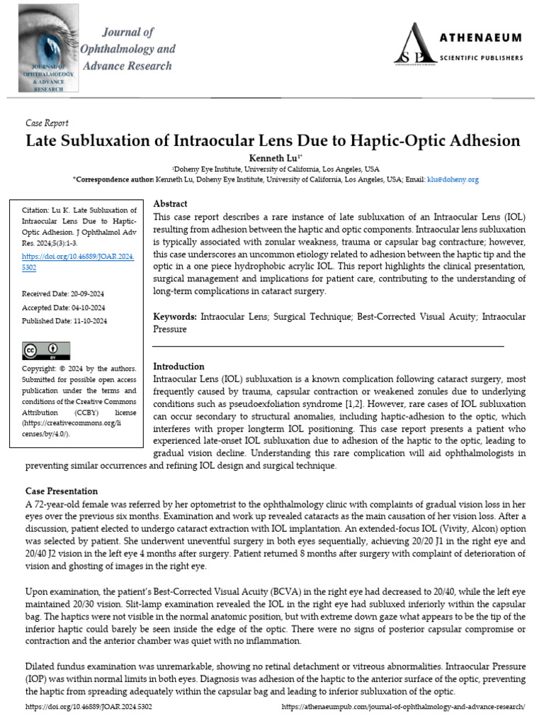 Late Subluxation of Intraocular Lens Due To Haptic Optic Adhesion | PDF ...