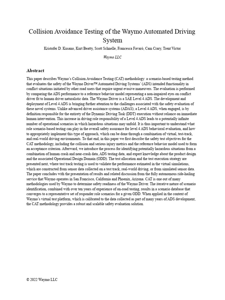 Collision Avoidance Testing Of The Waymo Automated Driving System Pdf Simulation