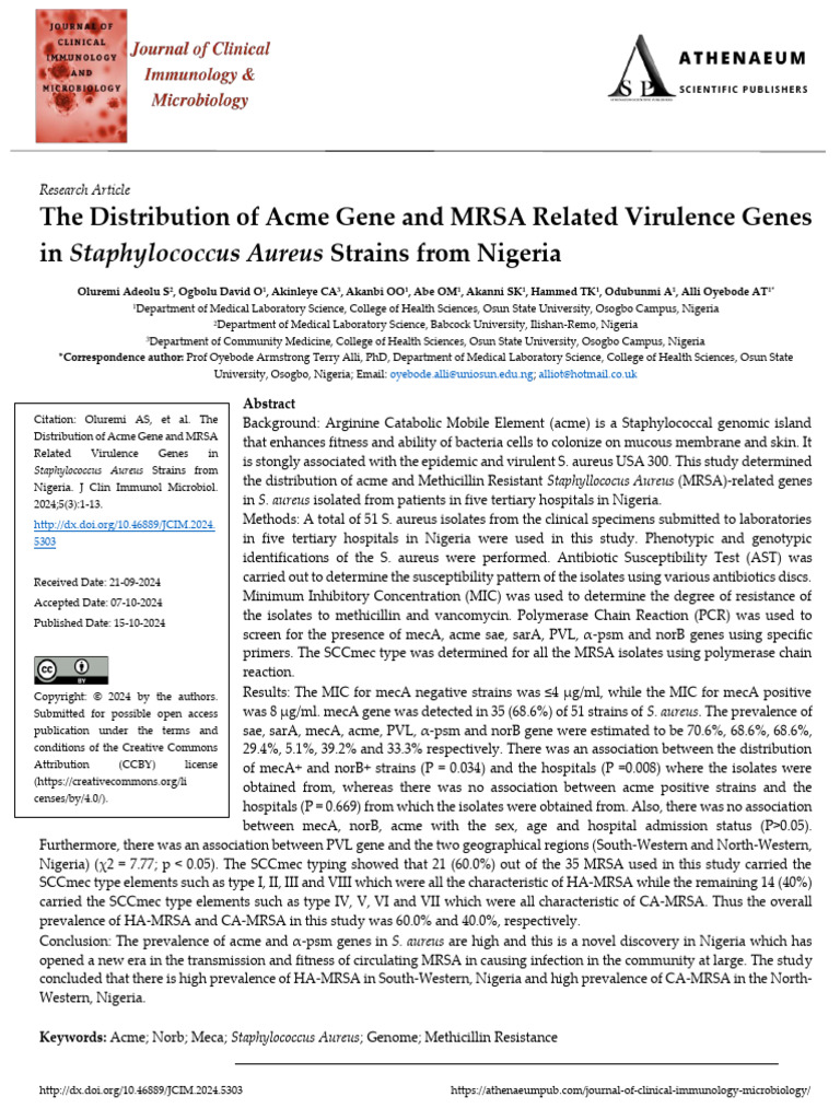 The Distribution of Acme Gene and MRSA Related Virulence Genes in ...
