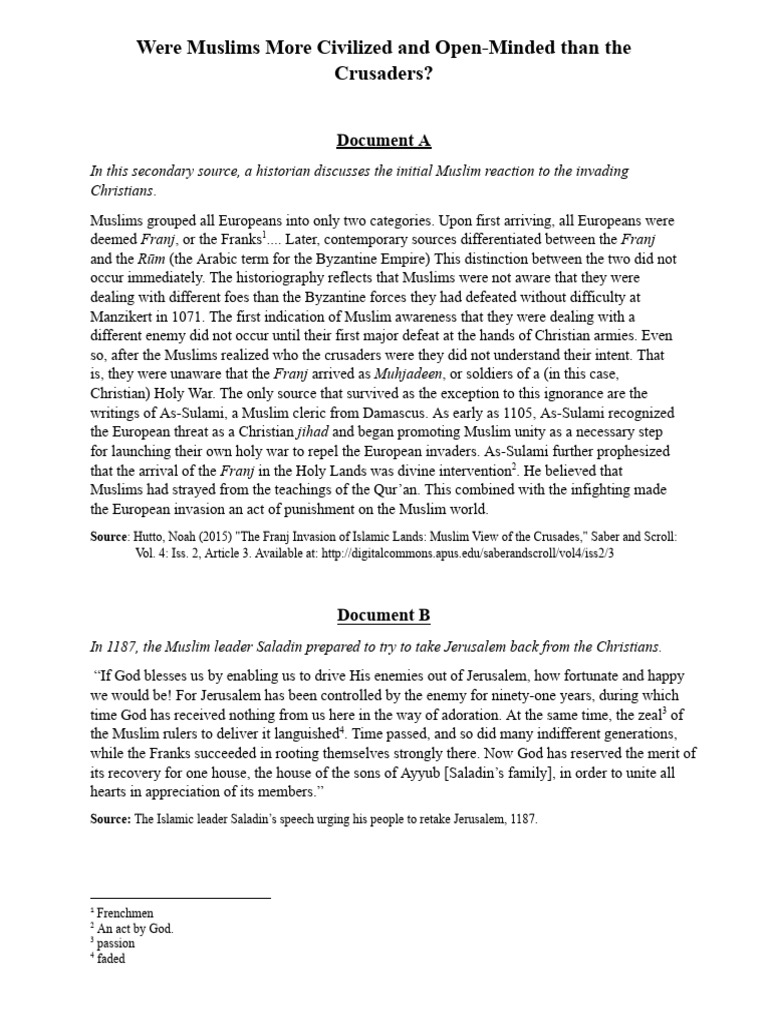 Muslim Perspectives On Crusades Documents For Socratic Seminar | PDF ...