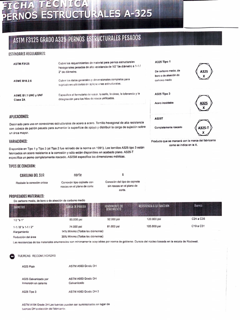 ficha técnica perno A325 | PDF