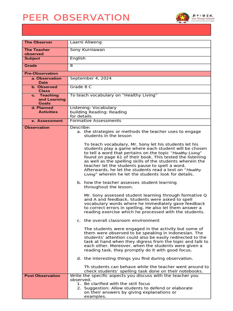 Teacher Peer Observation_Term 1 | PDF