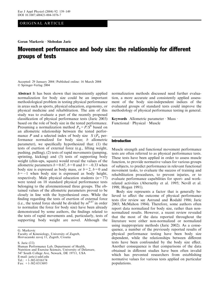 Movement Performance and Body Size | PDF