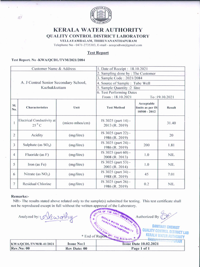 Water Test Report 1 | PDF