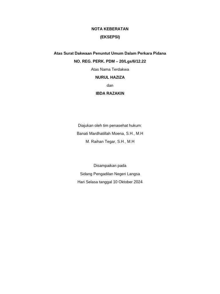 Nota keberatan (EKSEPSI) | PDF