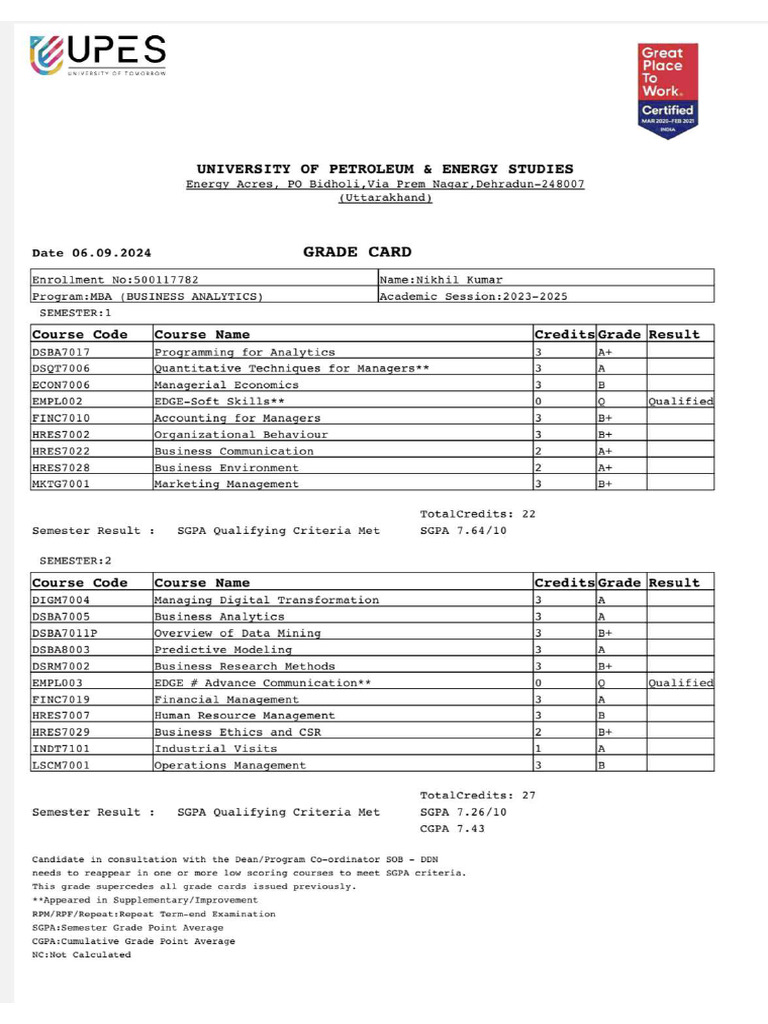 First Year Marksheet | PDF