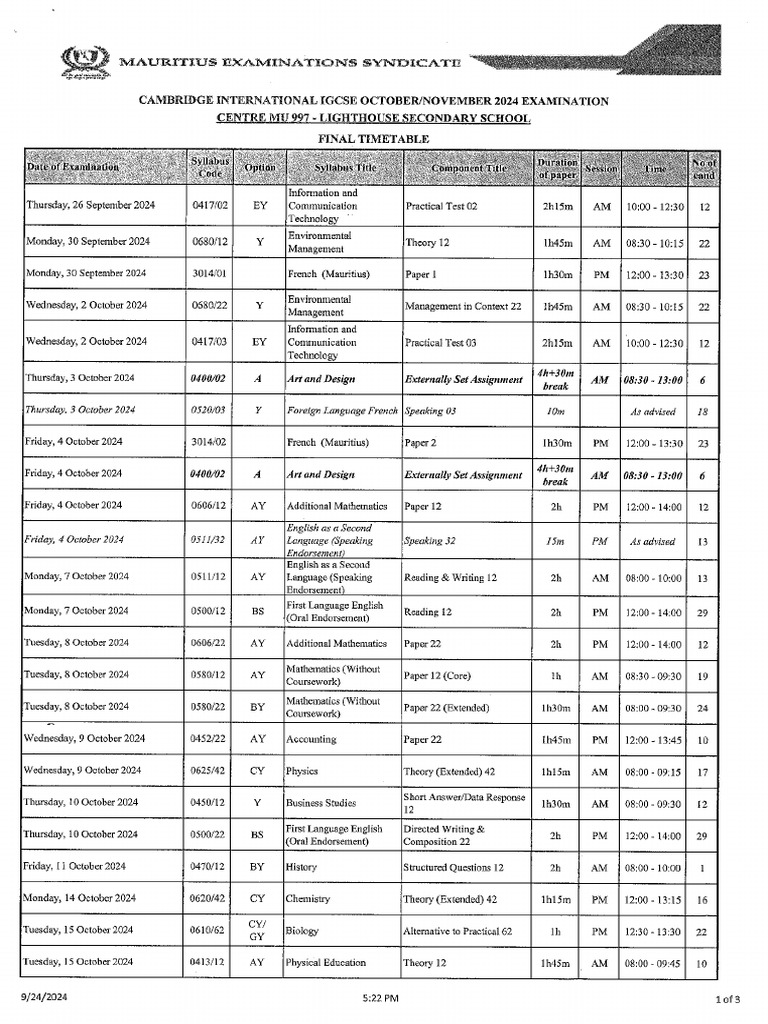 Oct Nov 2024 Igcse Final Timetable Lighthouse Pdf