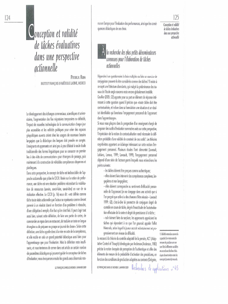 Approche Actionnelle Conception Et Validité de Taches Évaluatives Dans Une Perspective ...