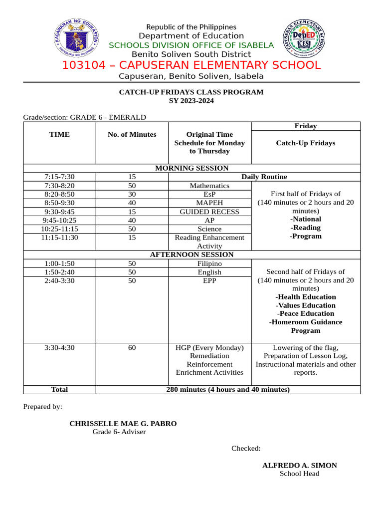 Catch-Up Friday Class Program | PDF
