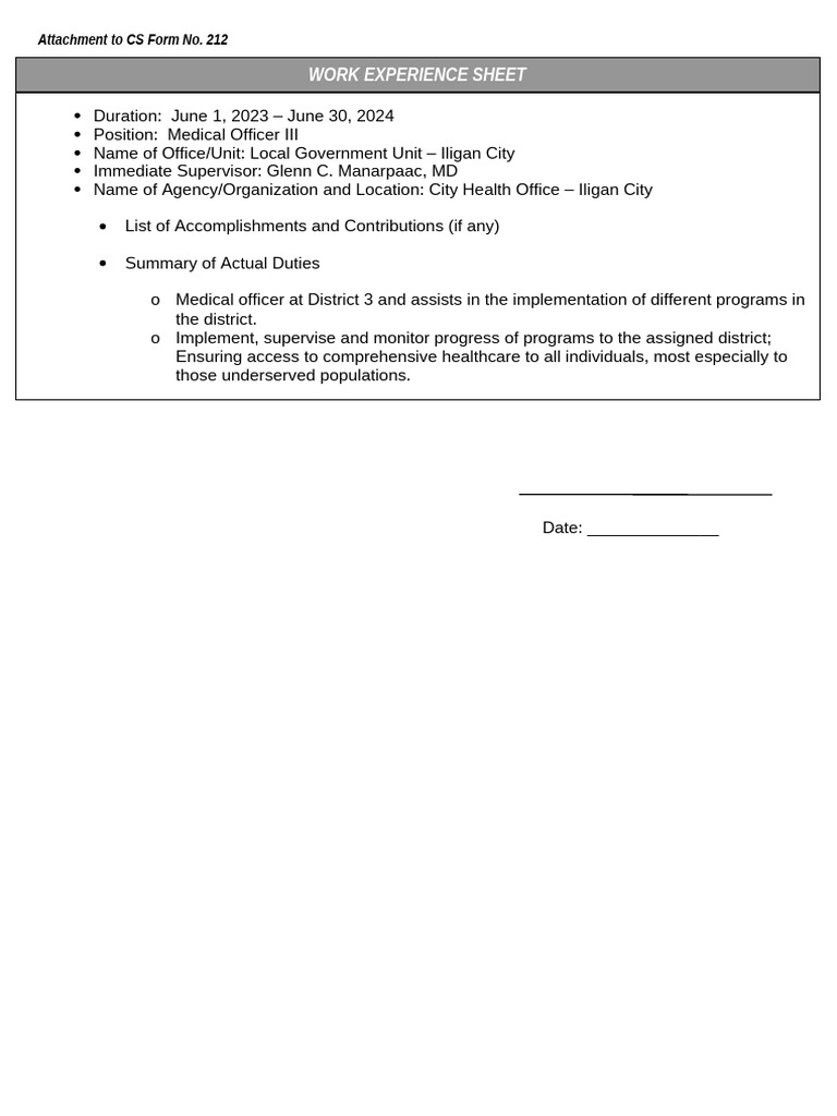 CS Form No. 212 Attachment - Work Experience Sheet | PDF