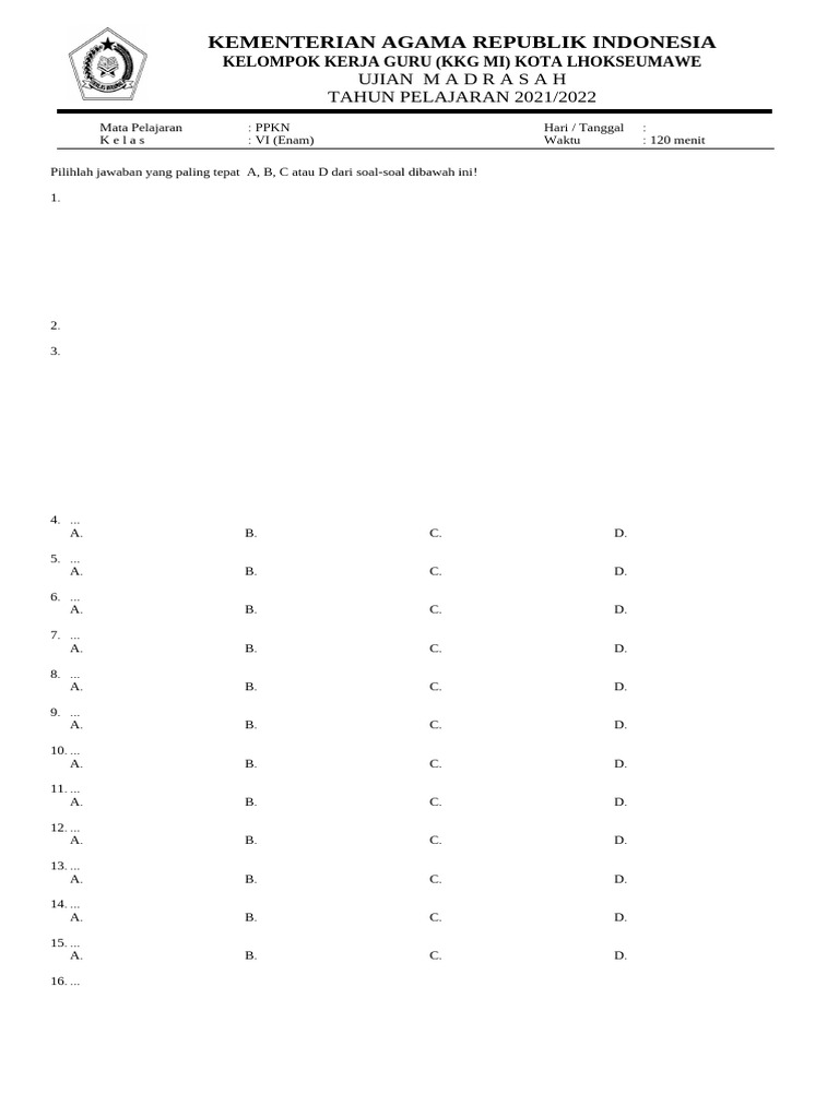 SOAL UJIAN MADRASAH PPKN Tini - 2022 | PDF