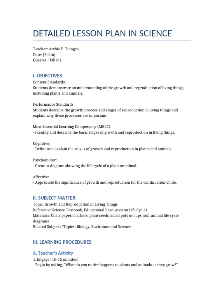 Grade 2 Science Lesson Plan Growth Reproduction 5es | PDF