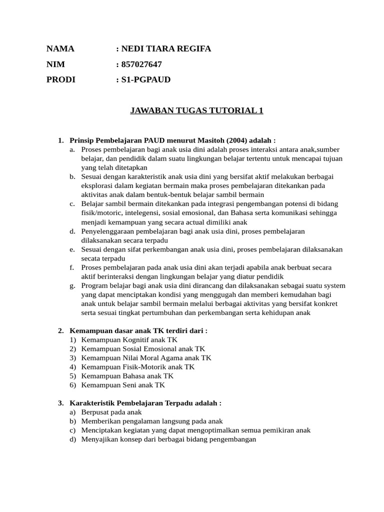 Jawaban Tugas Tutorial 1 Pembelajaran Terpadu - Pgpaud Ut PDF | PDF