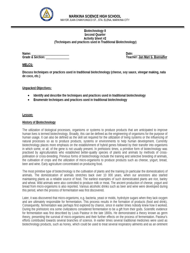 Traditional Biotechnology Techniques | PDF | Fermentation | Biotechnology