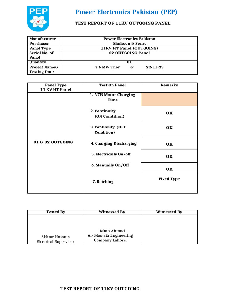 11kv HT Panel (Outgoing) Test Report Pep (Tahir-2) | PDF