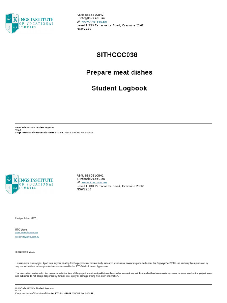 SITHCCC036 Student Logbook.v1.0 | PDF
