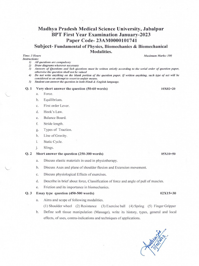 BPT 1st Year Jan-2023 Fundamental of physics 23AM0000101741 | PDF