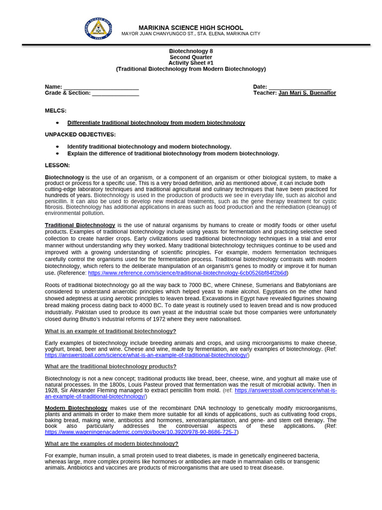 Q2 Activity Sheet #1 (Modern and traditional biotechnology) REVISED.. | PDF