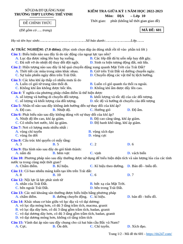 De Giua Ki 1 Dia Ly 10 Nam 2022 2023 Truong THPT Luong The Vinh Quang Nam | PDF