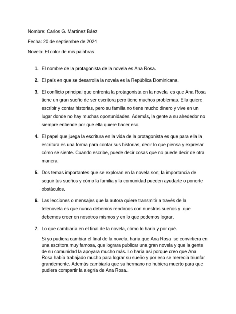 Preguntas Novela El Color de Mis Palabras | PDF