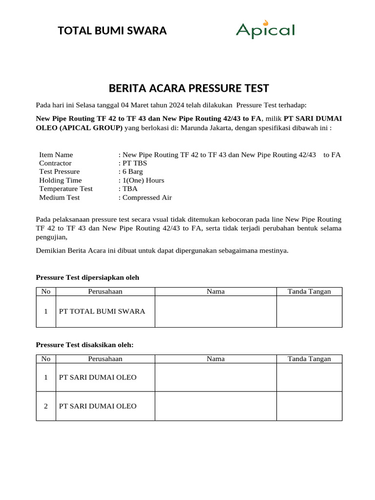 BERITA ACARA Dan Lampiran PRESSURE TEST | PDF