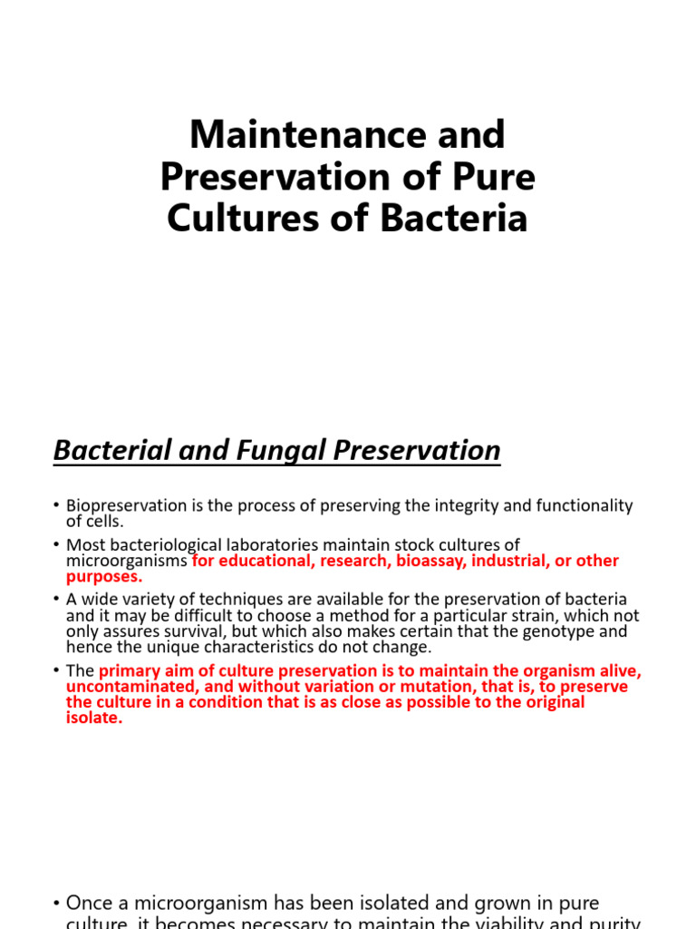 Maintenance and Preservation of Pure Cultures of Bacteria | PDF