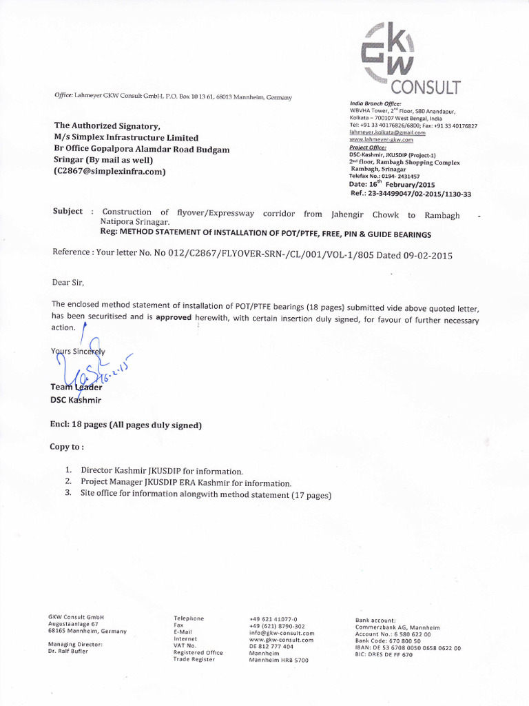 1130-31 Approved Method Statement of POT-PTFE Bearings | PDF