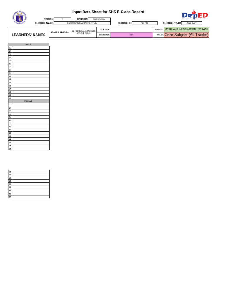 Grade 11 - Class Record - 2023 2024 2 | PDF