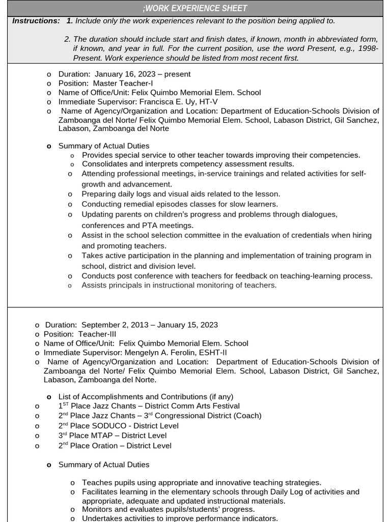 CS Form No. 212 Attachment - Work Experience Sheet | PDF